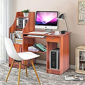 IFANNY Computer Desk with Storage, Wooden Writing Desk with Drawer, Cabinet, Bookshelf, Modern Work Table w/Keyboard Tray and CPU Stand, Corner Office Desk for Small Spaces