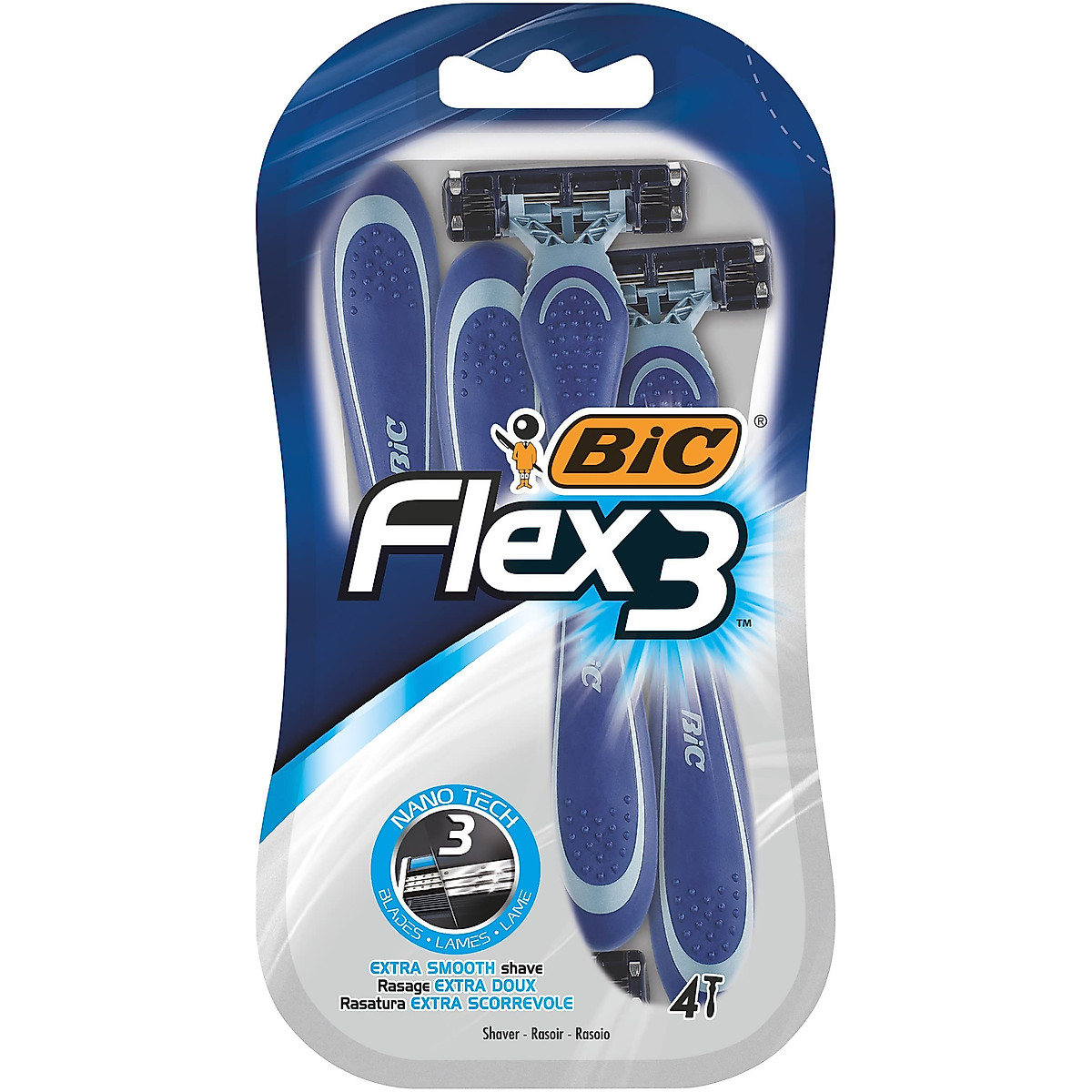 BIC Flex 3, Triple Blade Razor Blades for Men, with Moving Blade Heads for a Close and Soft Shave, Pack of 4