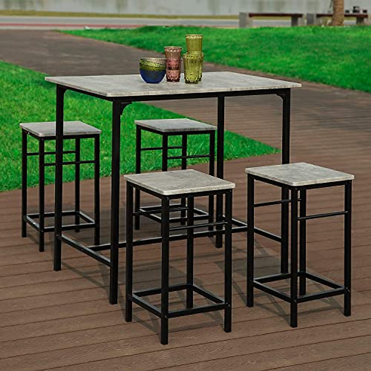 Haotian OGT11-HG, 5 Piece Dining Set, Dining Table with 4 Stools, Home Kitchen Breakfast Table, Bar Table Set, Bar Table with 4 Bar Stools, Kitchen Counter with Bar Chairs (Grey)