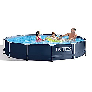 Intex Metal Frame 12 Foot x 30 Inch Round Above Ground Outdoor Backyard Swimming Pool with 530 GPH Filter Cartridge Pump, Navy