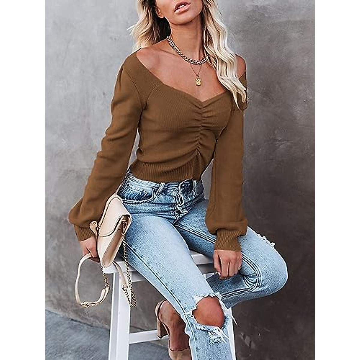 PRETTYGARDEN Fall Long Sleeve Cropped Sweaters for Women 2023 Off The Shoulder V Neck Ruched Ribbed Knit Going Out Tops (Coffee, Medium)