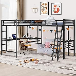 INCLAKE Twin Size L-Shaped Loft Bed with 2 Built-in Desks, Metal Loft Corner Bed with 2 Ladders and Safety Guard Rail, Heavy-Duty Bunk Bed for 2 Children Adults, Space Saving & No Noise, Black