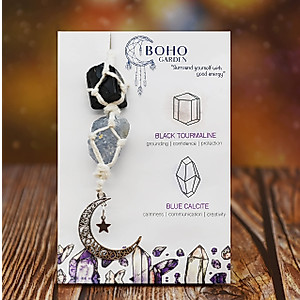BOHO GARDEN Hanging Car Charm - Black Tourmaline & Blue Calcite - Dangling Moon & Healing Crystal Accessories, Rearview Mirror Decorations - Confidence, Calmness, Creativity, Protection, Communication