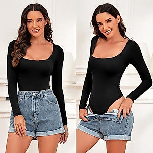 Leoparts Long Sleeve Bodysuit for Women Sexy Square Neck Slim Fit Body Suits Top Shirts