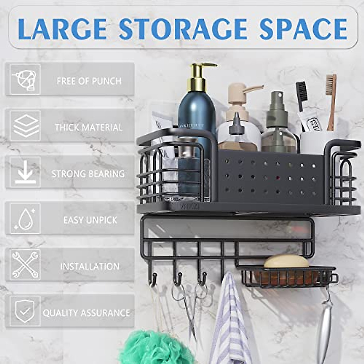 VNKZI Full Stainless Steel Adhesive Shower Caddy Shelf Organizer, No Drilling Rustproof Wall Stall Basket High Suction Shelves with Soap Sponge Holder, Bathroom Storage Rack
