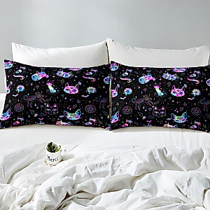 Ombre Cat Skull Duvet Cover Black Galaxy Starry Bedding Set Gothic Constellation Comforter Cover Room Decor White Bats Animal Bedspread Cover Queen Size with 2 Pillow Cases