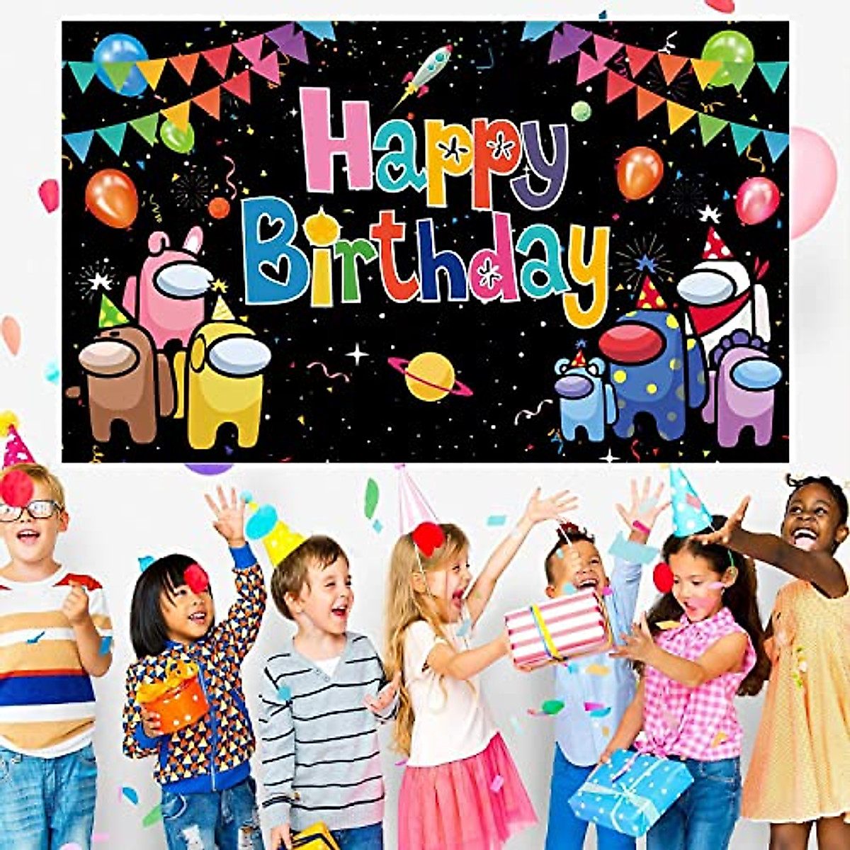Among Us Happy Birthday Background Decoration-Among Us Game Banner for Men Boy Kids’ Game Theme Birthday Party Decoration (5x3ft)