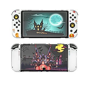 Halloween Decoration Switch OLED Case, Switch OLED Protective Case with TPU Joycon Covers and Glass Screen Protector and Thumb Grip Caps