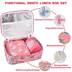 Bento Lunch Box Set for Kids with 10oz Soup Thermo, Leak-Proof Lunch Containers with 4 Compartment, Kids Thermo Hot Food Jar and Insulated Lunch Bag for Kid to School,BPA-Free(Pink-Horse)