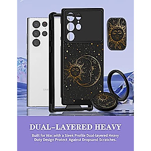 Goocrux (2in1 for Samsung Galaxy S22 Ultra Case Sun Moon Stars for Women Girls Cute Phone Cover Fashion Golden Star Print Pattern Design with Slide Camera Cover+Ring Holder Cases for S22 Ultra 6.8''