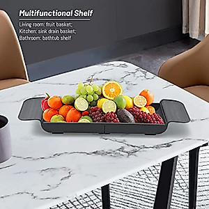 Expandable Caddy Bath Tray for Tub, Multifunctional Drain Bathtub Shelf with Non-Slip Extending Grip for Tub Against Wall, Kitchen Dish Drying, Tub Organizer with Foldable Storage Baskets