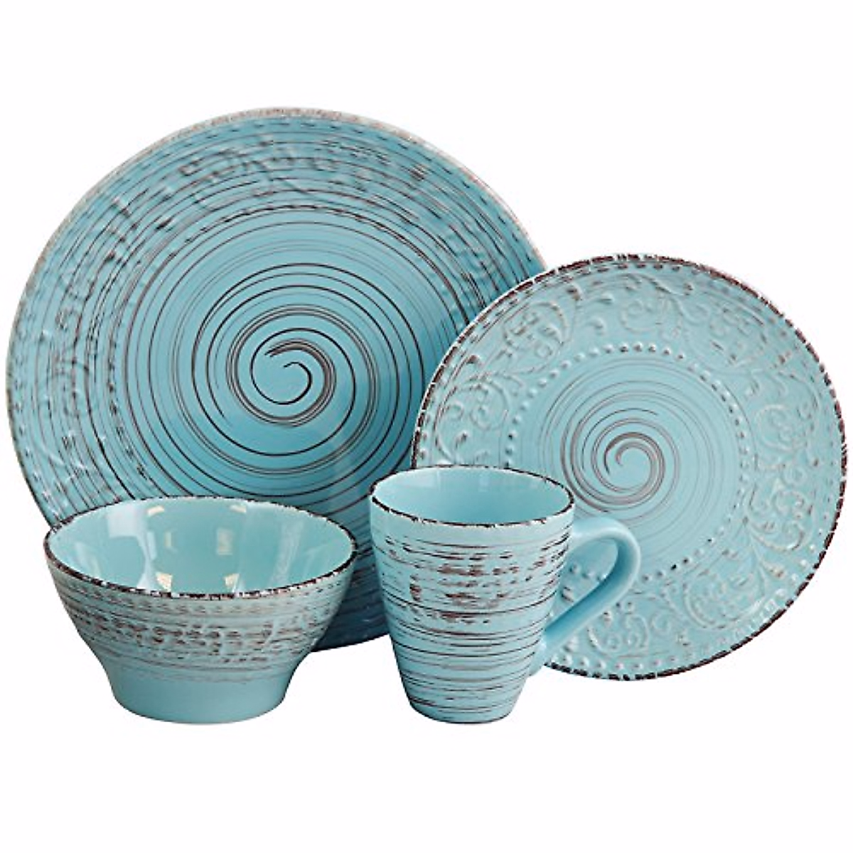 Elama Embossed Stoneware Ocean Dinnerware Dish Set, 16 Piece, Turquoise