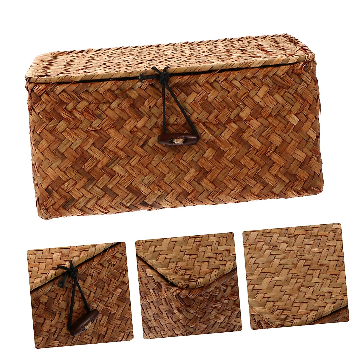 Didiseaon 2 Pcs Woven Storage Box Storage Baskets with Lids Baskets with Lids for Organizing Wicker Shelf Tall Wicker Basket Desk Storage Organizer Seaweed Case Rectangle Bamboo Storage Rack