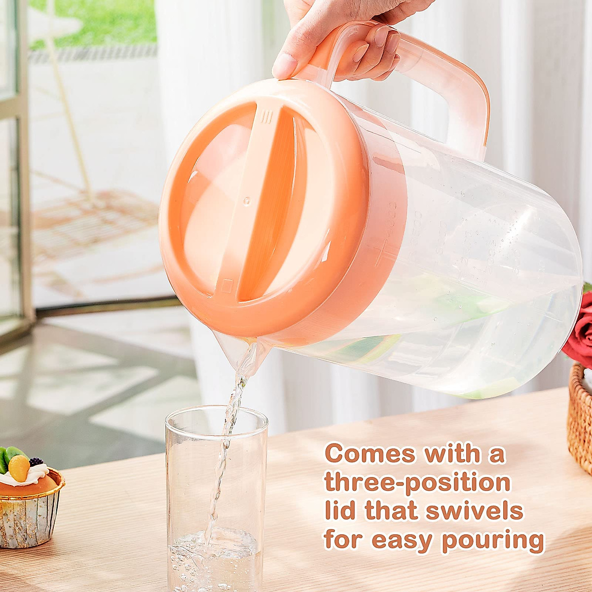 2Pcs Plastic Pitcher with Lid Large Clear Water Carafe Jug Ice Tea Pitcher Lemonade Juice Beverage Jar with Strainer Cover Handle Measurements for Hot Cold Coffee Drink (Pink,1 Gallon/4L)