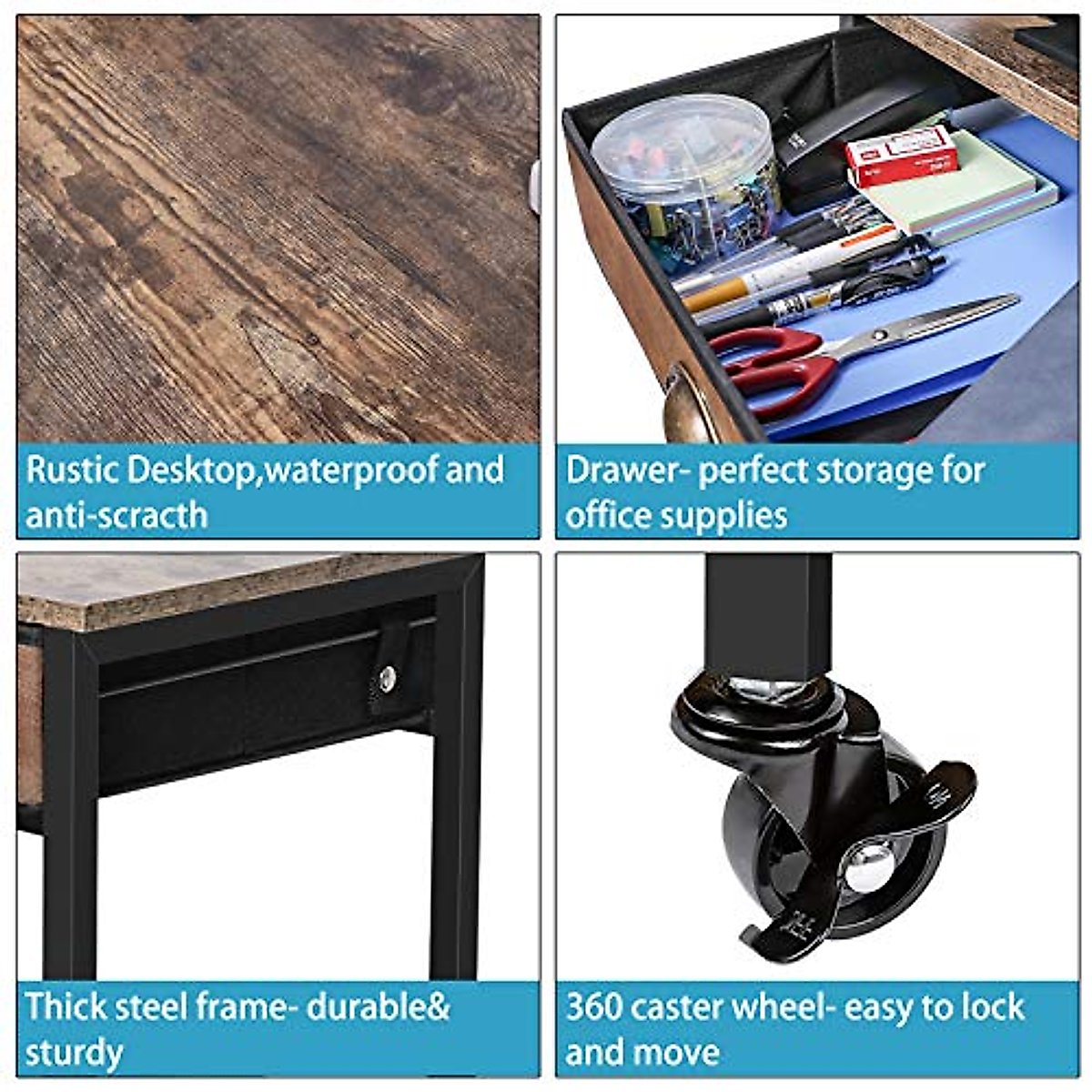 X-cosrack Deskside Mobile Printer Stand with Storage Drawer, 3 Tier Printer Table Cart with Wheel,Workspace Desk Organizer Shelf for Home Office, Rustic Brown