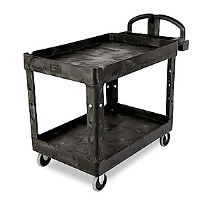 Rubbermaid Commercial Products Heavy-Duty 2-Shelf Rolling Utility Cart with Ergonomic Handle, Lipped Shelves, Large, Black Perfect for Office, Classroom or Home Use (FG454600BLA)
