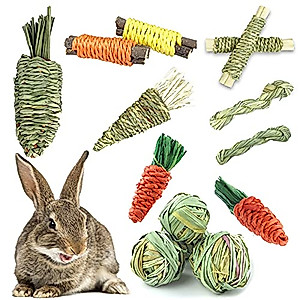 CooShou 13Pcs Rabbit Chew Toys for Small Animals - Bunny Natural Hay Activity Balls Rabbit Apple Sticks Sweet Bamboo Timothy Hay Sticks Grass Carrots for Hamster Guinea Pig Dental Health