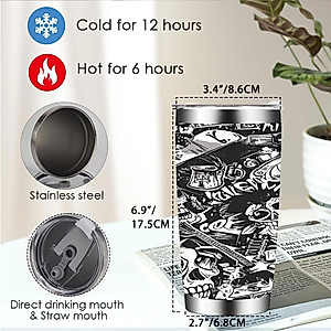 FOCIUZTA 20oz Tumbler with lid, Insulated Cup, Travel Coffee Mug, Ideal for Easter, Gaming Enthusiast, Mother’s Day, Birthday Gifts, Punk Rock Skull Design