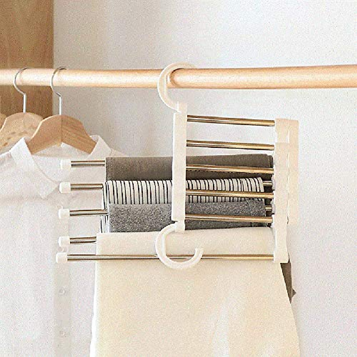 RZJZGZ 5-in-1 Multifunctional Magic Pants Hangers, Stainless Steel Multi-Layer Pants Clip, Five-Layer Storage Folding Retractable Plastic Hanger