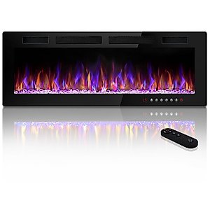 Waleaf 50 inch Ultra-Thin Electric Fireplace Wall Mounted/Recessed，Fireplace Heater with Multicolor Flame，Timer Low Noise 750/1500W，with Remote Control Touch Screen