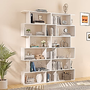 Boloni Geometric Bookcase with 2 Bookends, 6 Tier Modern Bookshelf, 76in Tall White Bookshelf, Freestanding Lego Display Shelves