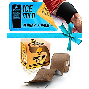 Sparthos Kinesiology Tape [Mountain Brown - 16.4ft Uncut Roll] x Ice Packs for Injuries [Size Medium + Cover]