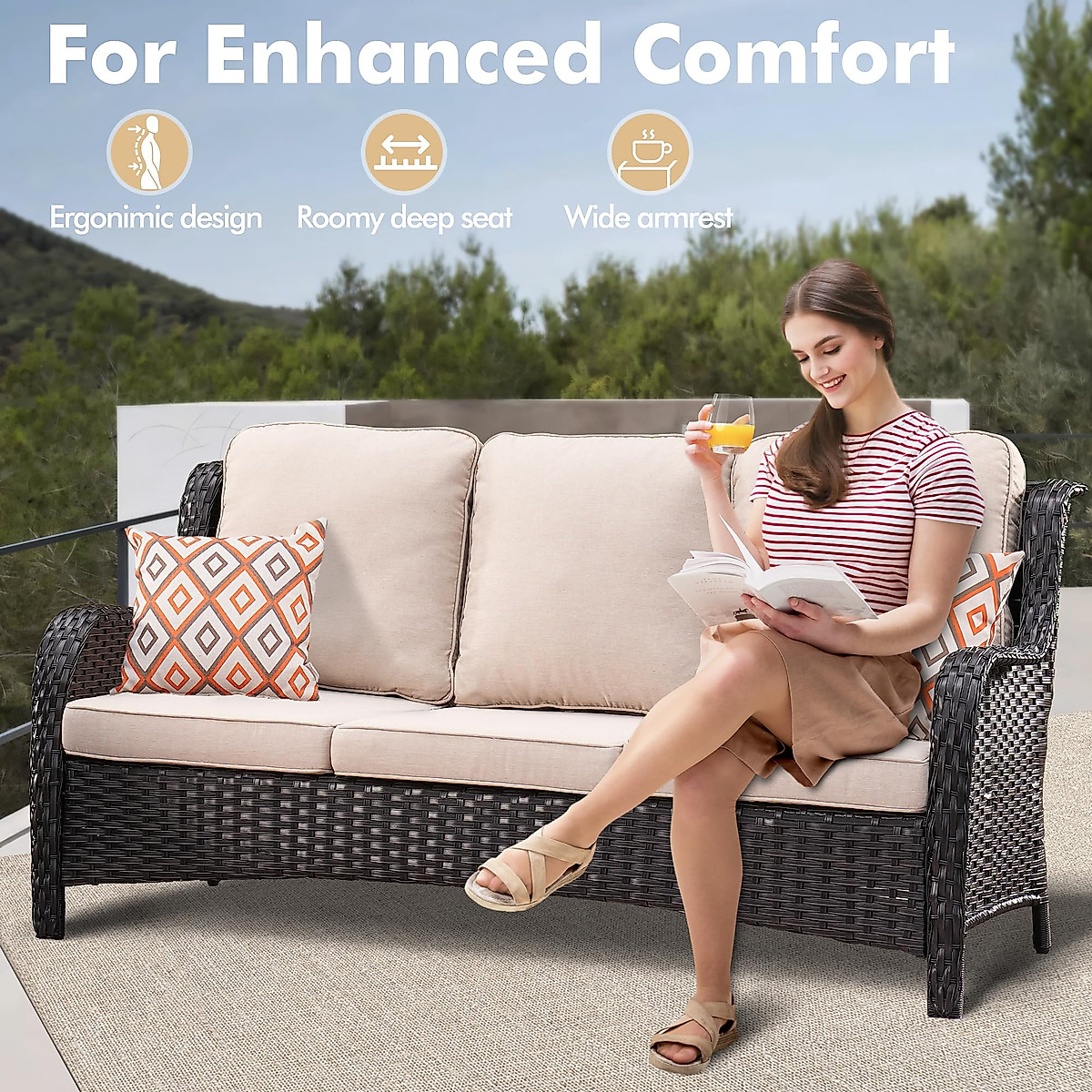 XIZZI Patio Furniture Set with Swivel Rocking Chairs,6 Pieces All Weather Wicker Outdoor Furniture with Sofa,High Back Patio Conversation Set for Balcony,Deck,and Backyard,Brown Rattan Beige