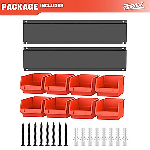 TORACK Wall-Mounted Storage Bins - 8 Plastic Bins & 2 Metal Tracks for Tools Organization in Garage, Craft Room, and Shop(Orange)