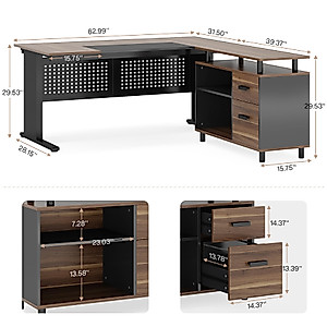 LITTLE TREE Large Computer Desk with File Cabinet, 63 Inch Executive Desk L Shaped Office Desk with Drawers and Storage Shelves, Business Furniture Desk Workstation for Home Office