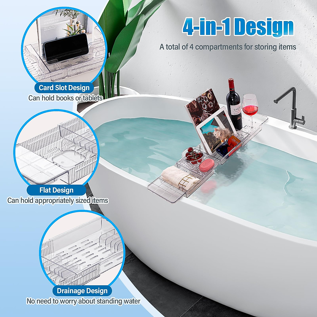 HOMEE Acrylic Bathtub Tray, Expandable Bath Caddy Tray for Bathtub, Bath Tub Tray Table, Adjustable Bath Shelf Tub Board Organizer Trays for Bathroom