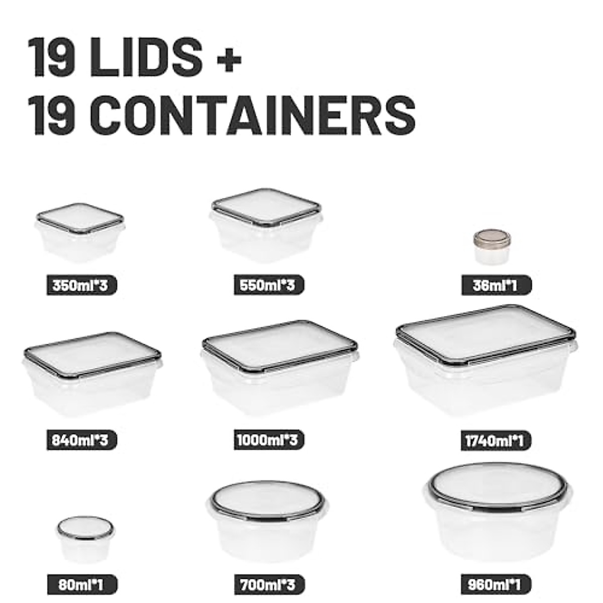 38pcs Containers for Food, 19 Snap Lids and 19 Nesting Containers Plastic Stackable Containers for Kitchen, Refrigerator Organization,Diswasher Safe Microwave Safe