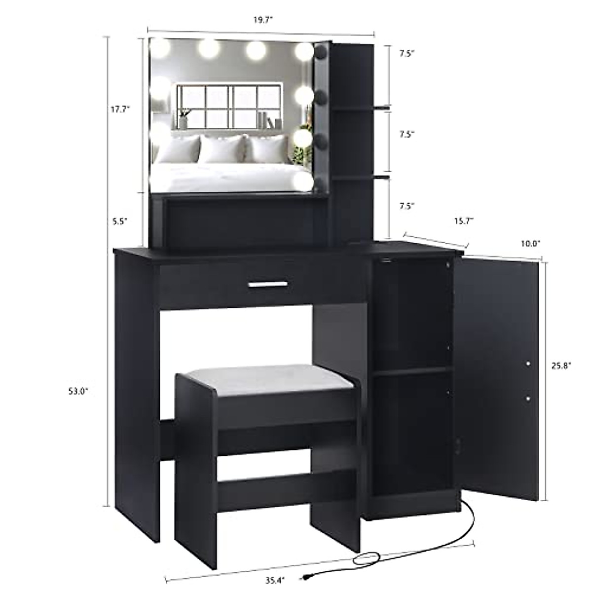 USIKEY Vanity Table Set with Lighted Mirror & Charging Station, Makeup Vanity Table with 1 Drawer, 1 Storage Cabinet, 10 LED Lights, Dressing Tables Vanity Desk with Cushioned Stool for Bedroom, Black