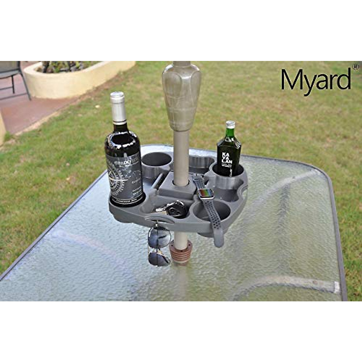 Myard Umbrella Table Tray 15 Inches for Beach, Patio, Garden, Swimming Pool with 4 Drink Holder, 4 Holes Bundle with Umbrella Cone Wedge Spacer fits Patio Table Hole Opening or Base 1.8 to 2.4 Inch