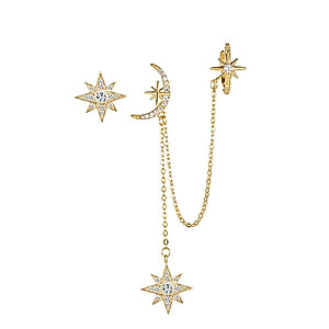 Asymmetric Moon Star CZ Ear Cuff Wrap Clip On 925 Sterling Silver Stud Long Chain Climbers Crawler Tassel Dangle Drop Cartilage Hoop Earrings for Women Girls Fashion Hypoallergenic Gifts Bff (gold)