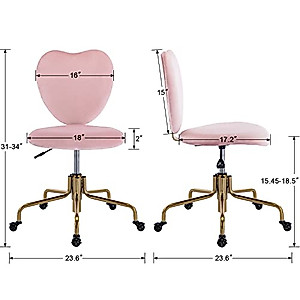 Adjustable Swivel Desk Chair with Wheels, Pink Velvet Upholstered Cute Home Office Desk Chair Vanity Task Chair with Heart Back