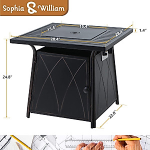 Sophia & William Gas Fire Pit Table 28 Inch 50,000BTU Square Outdoor Propane FirePits 2 in 1 Auto-Ignition Patio Fireplace for Outside with Lid and Blue Fire Glass, Black