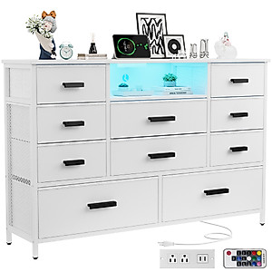 Harpaq White Dresser for Bedroom with 10 Drawers, Dresser with Charging Station, TV Stand Dresser with LED Light for 55" TV, Fabric Drawer Dresser with PU Finish, Chest Dresser for Bedroom, Closet