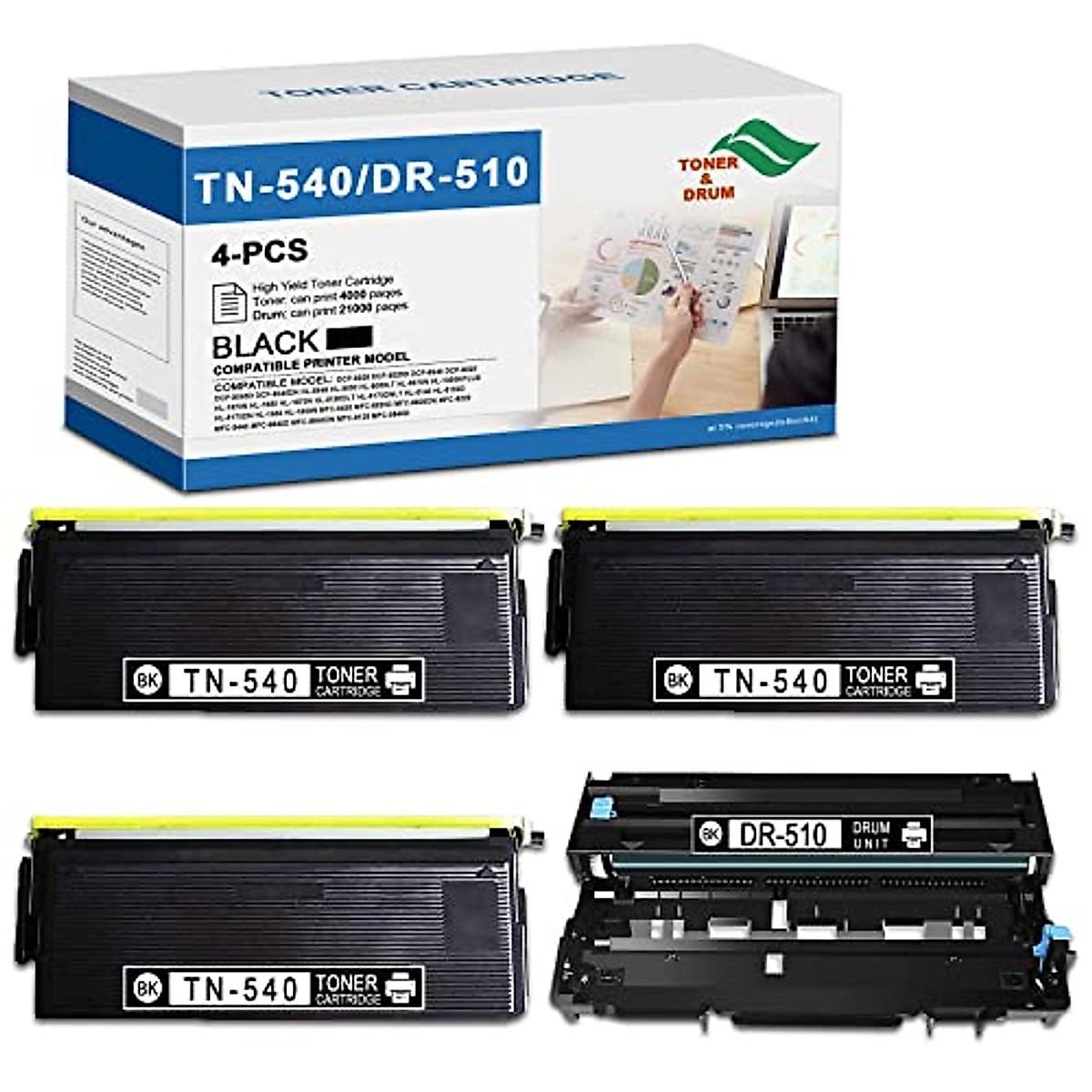 4-Pack (3Toner+1Drum) Compatible TN-540 Toner Cartridge and DR-510 Drum Unit Replacement for Brother DCP-8020 DCP-8025D HL-5040 HL-5050 HL-5050LT MFC-8420 MFC-8820D Printer Toner - Sold by Cobaprint