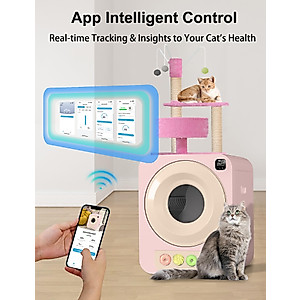 Self Cleaning Cat Litter Box with Cat Tree Scratching Post, Automatic Cat Litter Box for Multiple Cats with APP Control Odor Removal Integrated Safety Protection Smart Robort Pink