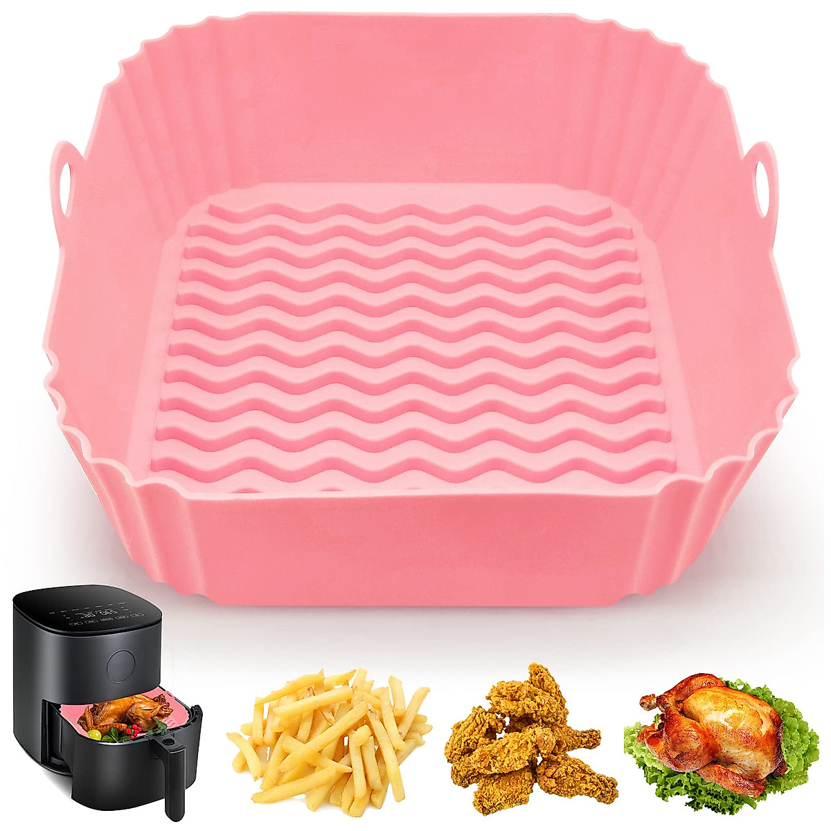 Square Air Fryer Silicone Pot, 8 Inch Reusable Heat Resistant Food Grade Silicone Air fryer Liners Inserts Baskets Bowl Accessories for COSORI Instant Vortex CHEFMAN 4 to 7 QT Air Fryer Oven Microwave
