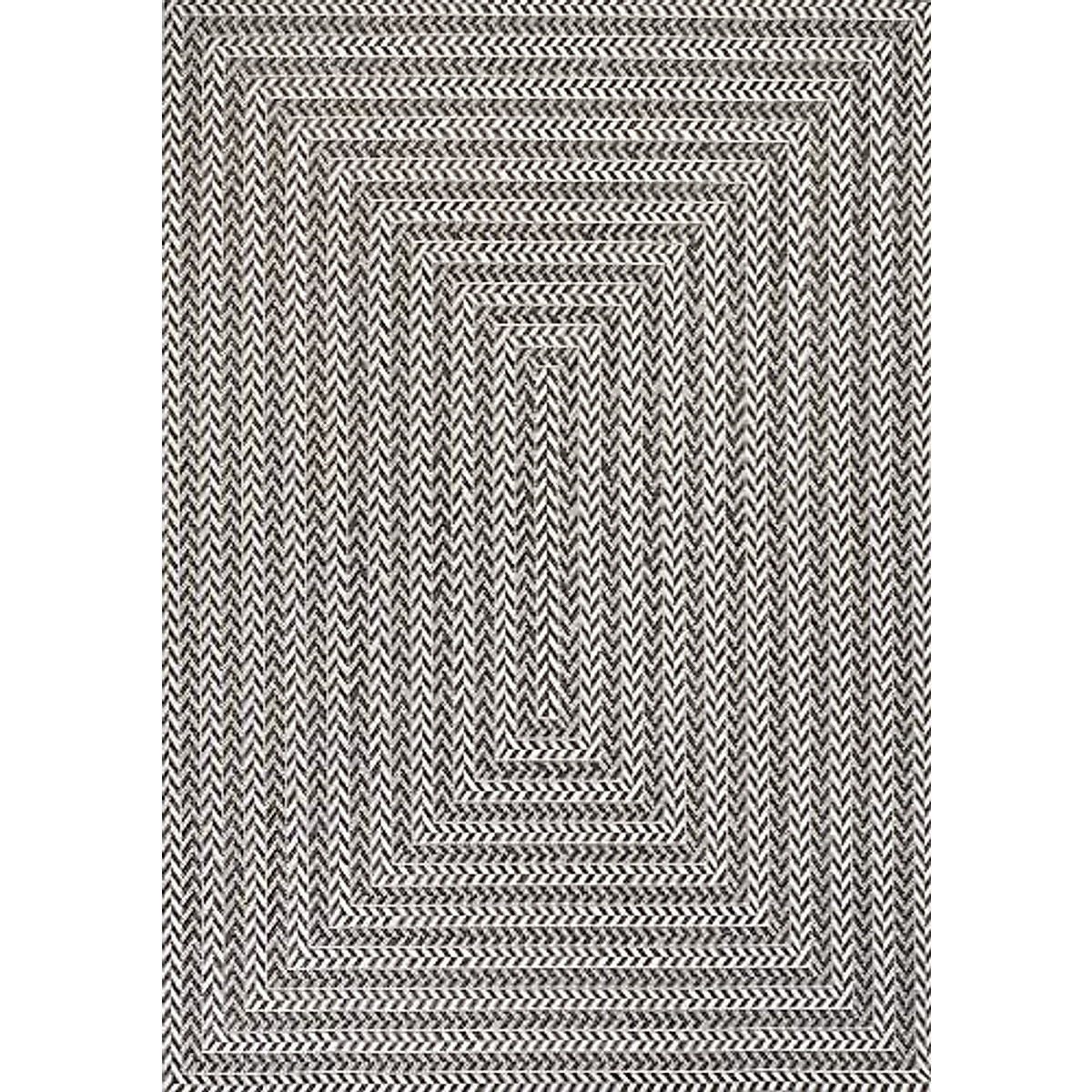 JONATHAN Y SMB206B-4 Chevron Modern Concentric Squares Braided Indoor Outdoor Area-Rug, Farmhouse, Traditional Easy-Clean,Bedroom,Kitchen,Backyard,Patio,Non Shedding, Black/Light Gray, 4 X 6