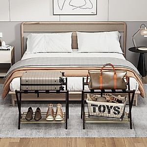 HLR Bamboo Luggage Rack for Guest Room, Folding Suitcase Stand with Metal Shelf&Back, Heavy Duty Luggage Holder for Bedroom, Living Room, Hotel, Espresso and Gold