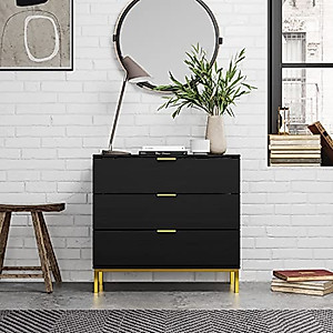 DiDuGo Black and Gold Nightstands Set of 2 Bedside Table 3 Drawer Dresser, Large Nightstand with Gold Metal Legs for Bedroom (31.5”w x 15.7”D x 29.7”H)