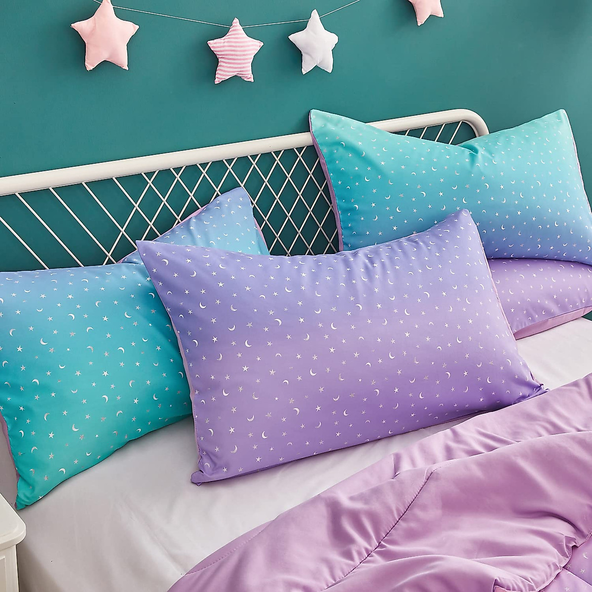 Yogeneg Rainbow Comforter Set Twin Size for Teen Girl &Boys Women,Metallic Star Moon Printed Mermaid Comforter with Pillowcase, Microfiber 2 Piece Bedding Set,All Season (Rainbow B, Twin)
