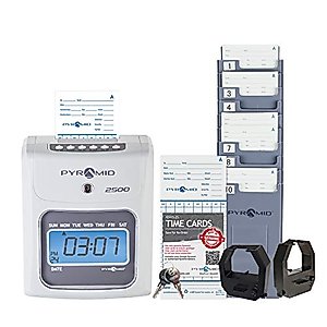 Pyramid Time Systems 2500K1 Bundle, Includes Model 2500 Auto Aligning and Top Loading Time Clock, 100 time Cards, Two Ink Ribbon cartridges, one 10 Slot time Card Rack and Two Security Keys