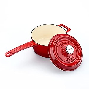 Lava Light-Colored Sand Enameled Cast Iron Sauce Pan, 1.5 Quarts Round Sauce Pot, Glossy Sand-Colored Three Layers of Enamel Coated Interior, Long Handle with Lid (Red)