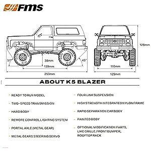 EAZYRC X FMS FCX24 1/24 Chevy K5 Blazer 1976s RC Rock Crawler 4x4 RTR Black, with Lisense RC Truck, 4WD 5Km+ 2-Speed Transmission with 2.4 Ghz Radio, Battery, and Charger