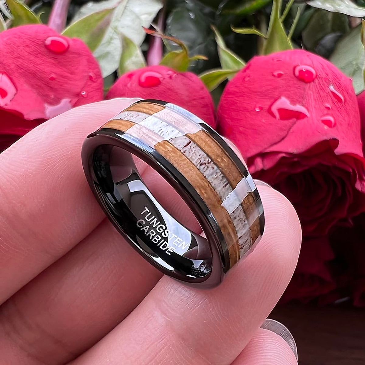LUXUBANDS 8mm Black Tungsten Rings for Men Women Engagement Wedding Bands Whisky Barrel Wood Deer Antler Inlay Flat Polished Shiny Comfort Fit Size 11