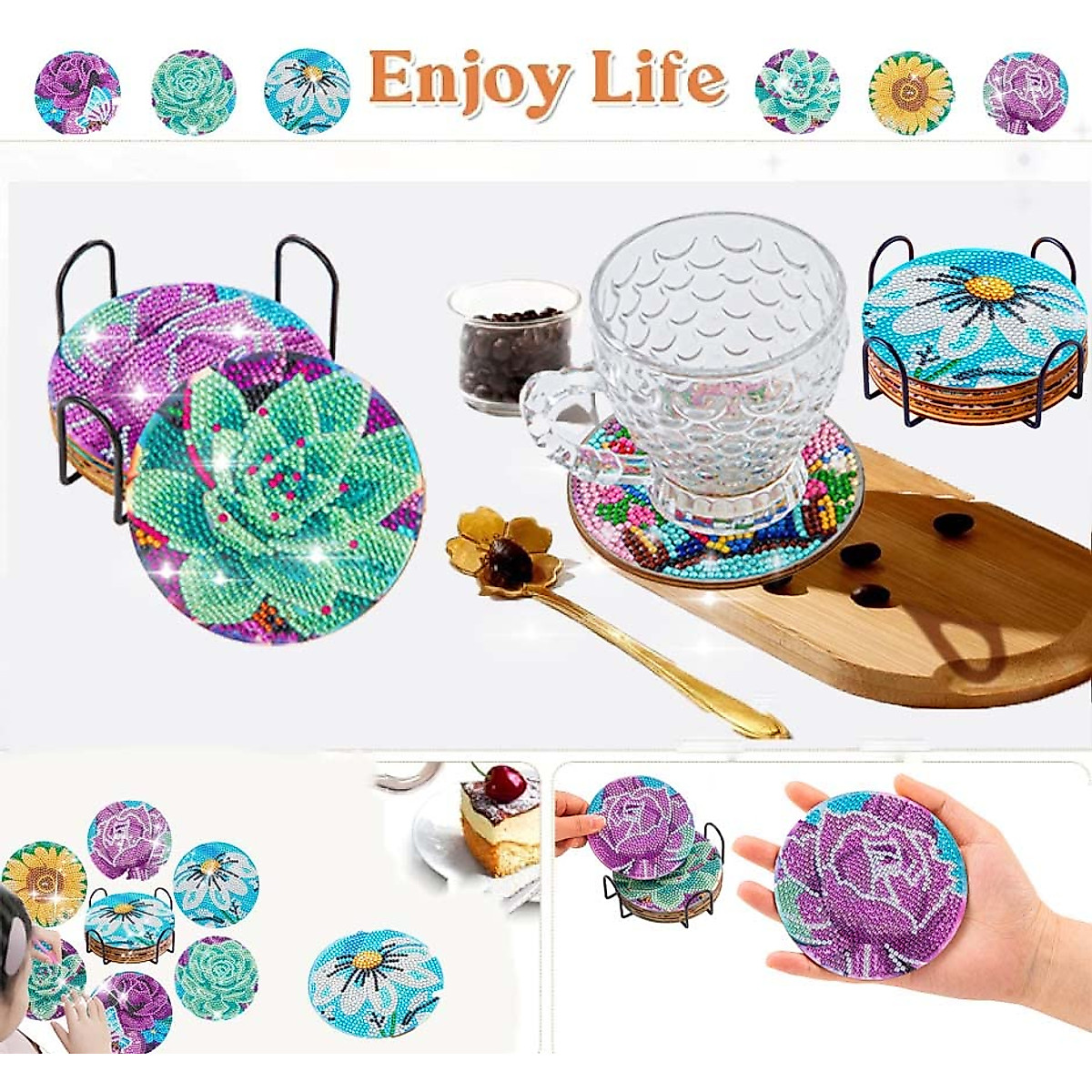 DOTZSO Diamond Art Painting Coasters,Diamond Dot Art DIY Coasters Art and Crafts for Adults Diamond Art Coaster Sets for Beginners Adults and Kids Art Craft Supplies（Flower）