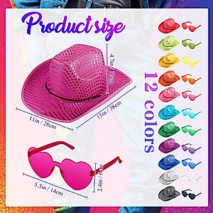 Bonuci Sequin Glitter Cowboy Hat and Heart Shape Rimless Sunglasses Sparkly Party Favor for Women Men Girls Boys(24 Pcs)